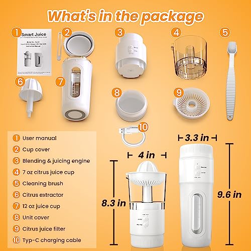 2 in 1 Portable Blender with Citrus Juicer, Blender for Shakes and Smoothies, Personal Smoothie Blender with 12 Oz Travel Cup and Lid, USB Rechargeable Mini Blender Smoothie Maker Lemon Orange Juicer