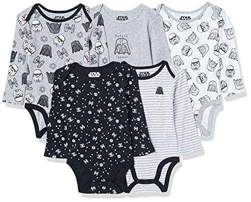 Amazon Essentials Disney | Marvel | Star Wars Unisex Babies' Long-Sleeve Bodysuits - Discontinued Colors, Pack of 5, Star Wars Tiny Trooper, 0-3 Months