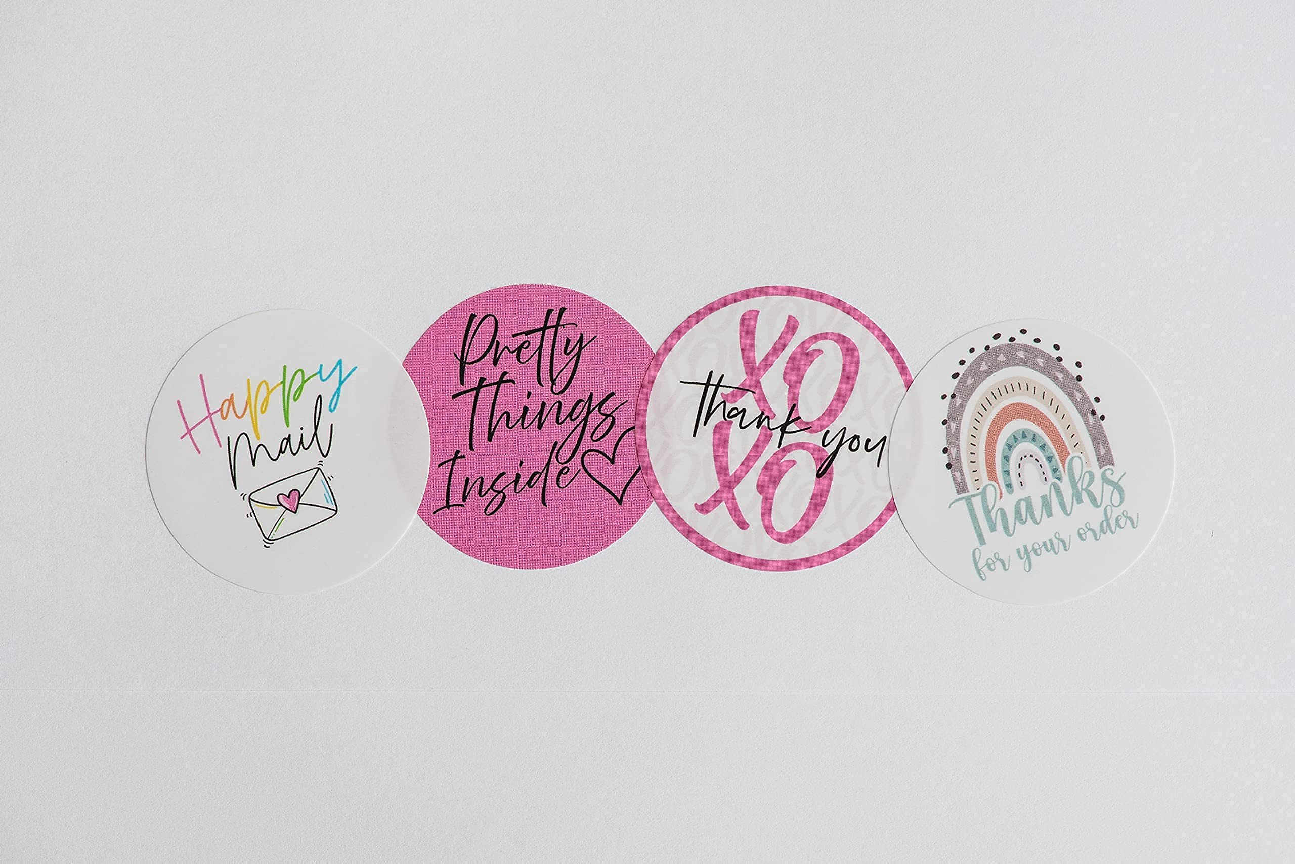 Assorted Cute Packaging Stickers - Roll of 500 - Four Fun Designs - 1.5" Round Glossy Sealers for Small Business - Happy Mail - Thank You for Your Business/Pretty Things Inside