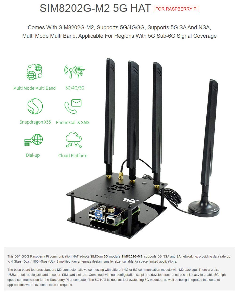Coolwell Waveshare SIM8202G-M2 5G HAT with Antennas, Support 5G/4G/3G Snapdragon X55 Onboard, Multi Mode Multi Band, for Regions with 5G Sub-6G Signal Coverage