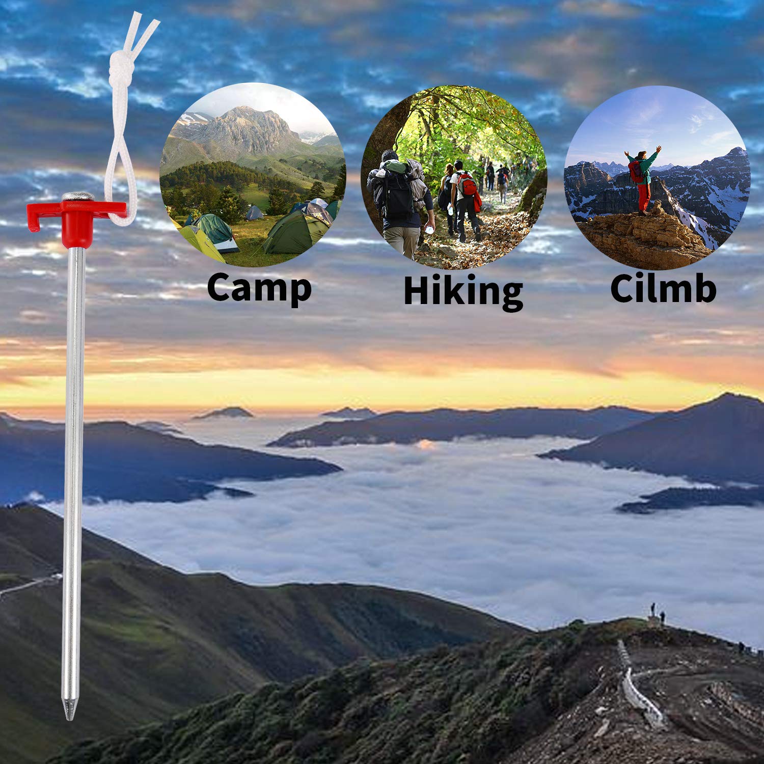 10 Pcs Tent Stakes with 4Pcs 10ft Ropes & 1 PVC Top, Galvanized Non-Rust Stakes Pegs for Pop Up Canopy, Camping Tent, Hiking Bonus 4 Ropes 10FT Length - Red