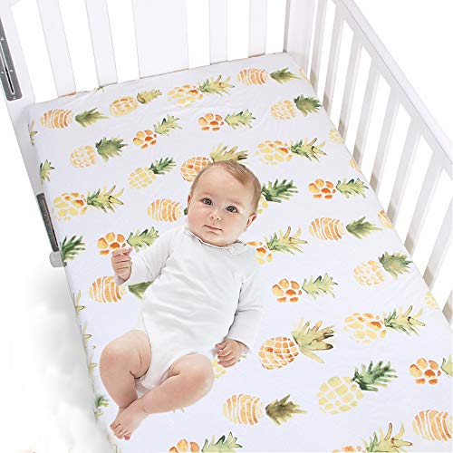 Brandream Luxury Softer Thicker Crib Sheets Set, 100% Organic Cotton Pineapple Printed Toddler Sheets for Baby Boys Girls, Breathable Comfy Durable, 28"x52"