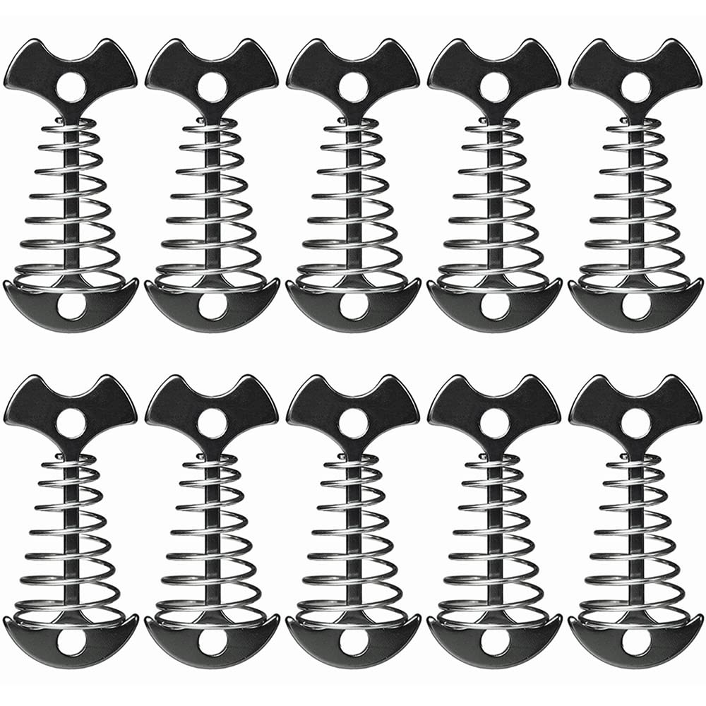 10 pcs Aluminium Alloy 3 inch Fishbone Tent Stakes Deck Anchor Pegs with Spring Rope Buckle Hook Cord Adjuster Tensioner Kit for Camping on Wood Platform