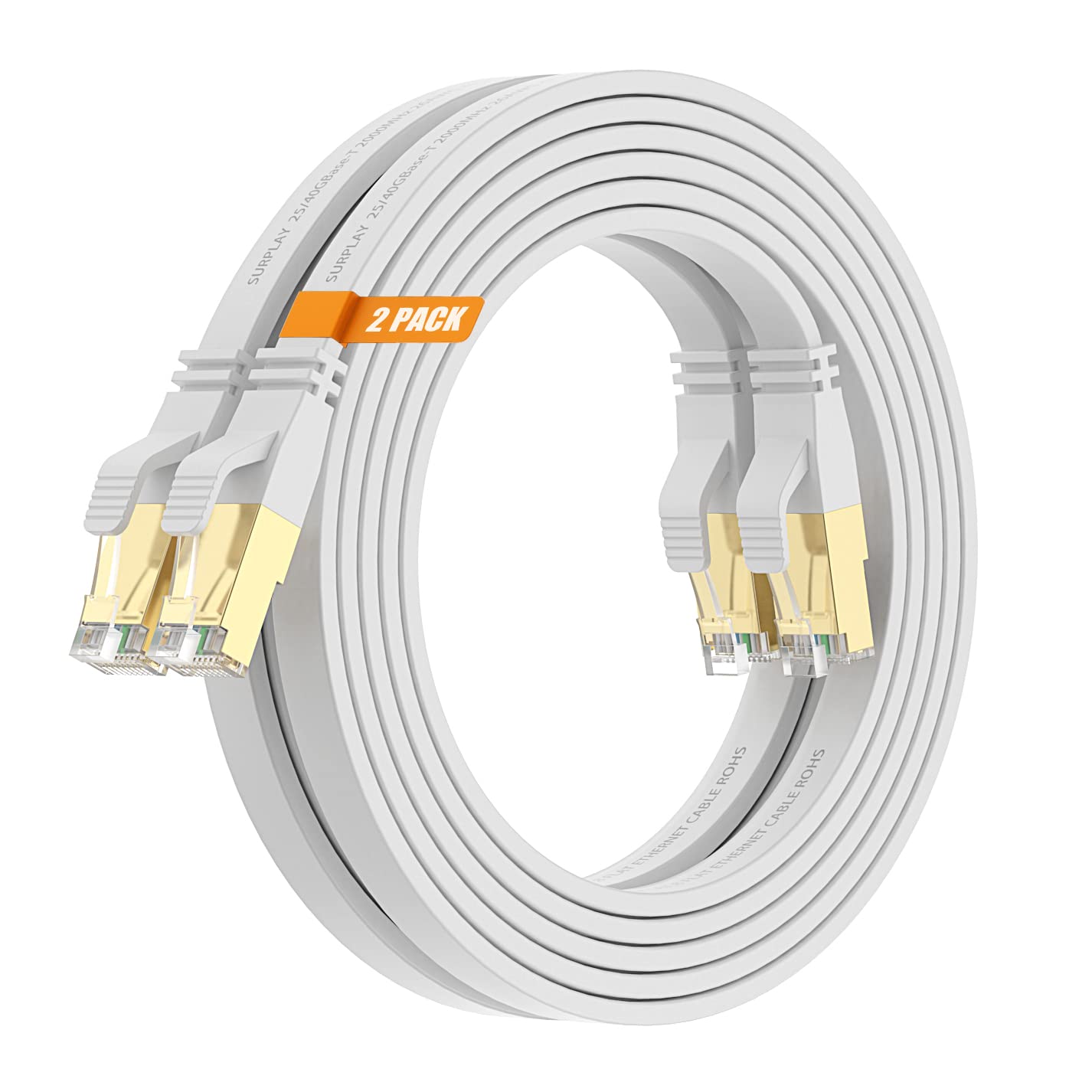 Surplay Cat8 Ethernet Cable 15FT-White-40Gbps-2000Mhz,High Speed Outdoor&Indoor Flat Cord,Gold-Plated RJ45 Double Shielded with Ground Wire & Cable-Tie for PS5/4,Xbox,TV,Router,PC,NAS