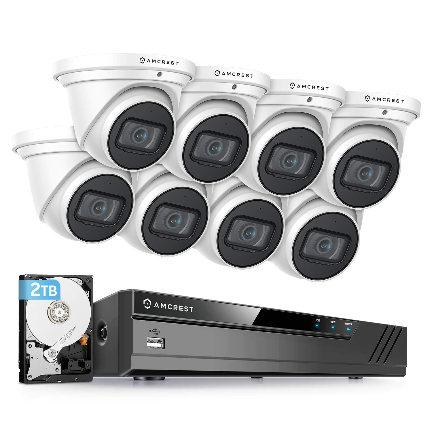 Amcrest 4K Security Camera System w/ 4K 8CH PoE NVR, (8) x 4K (8-Megapixel) IP67 Weatherproof Metal Turret Dome POE IP Cameras (3840x2160), Pre-Installed 2TB HDD, NV4108E-IP8M-T2599EW8-2TB (White)