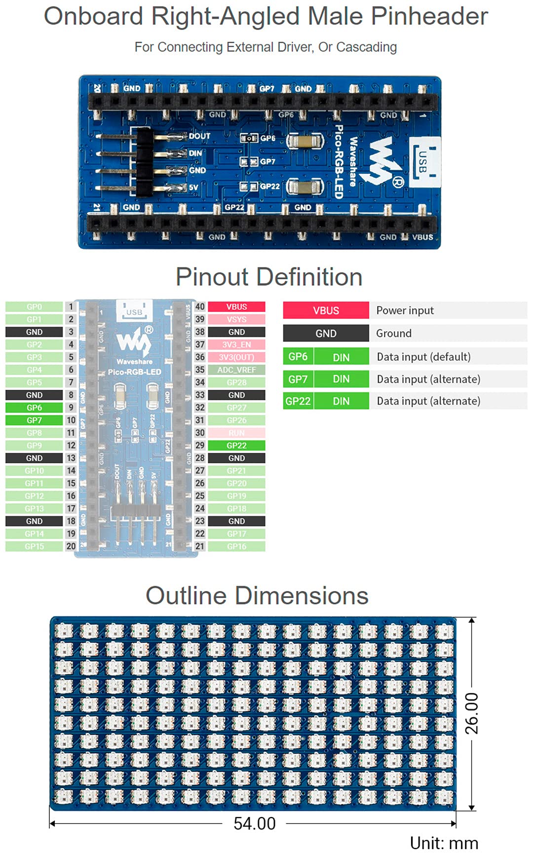 RGB Full-Color LED Matrix Module for Raspberry Pi Pico, 16×10 Grid,with Embedded Controller IC and LED Chip,Programmed and Controlled by Pico,High Standard and Colorful Dot Matrix Visual Effects