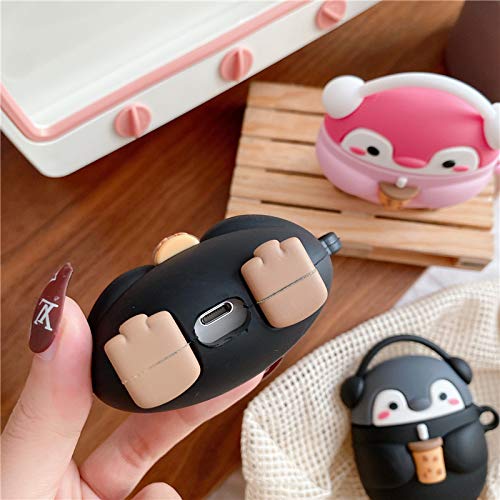 LUCKESSA Cute Kawaii Holding Milk Tea Cup Enjoying Music Headset Penguin Earphone Case for AirPods Pro, Soft Rubber Silicone Strong Protection Wireless Charging Earbud Cover Protective Skin -Black