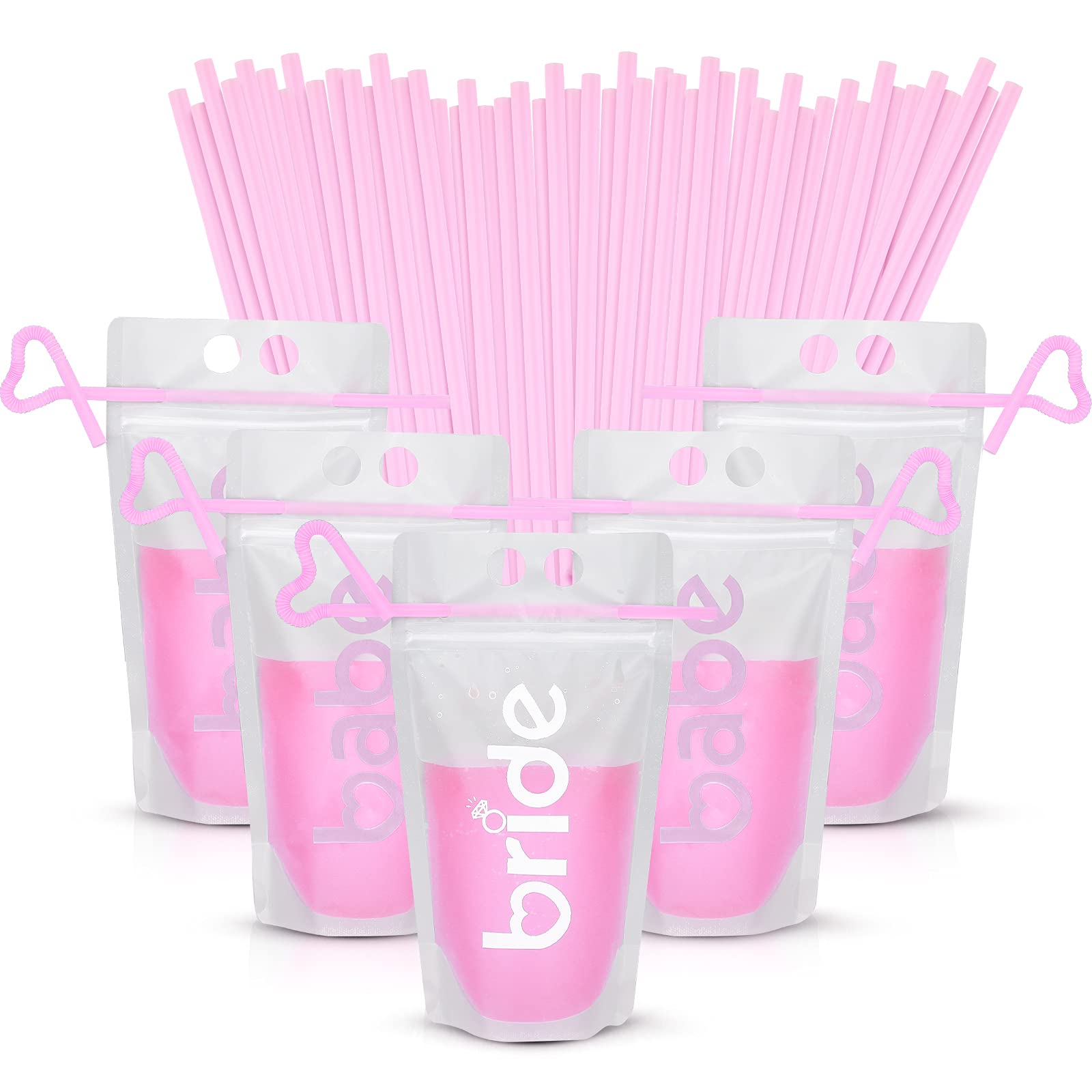 18 Pcs Zipper Plastic Pouches Drink Bags with Straws for Bride Party Heavy Duty Hand-held Translucent Frosted Bags with Drink Straws Wedding Party Decoration for Bride Women Girl