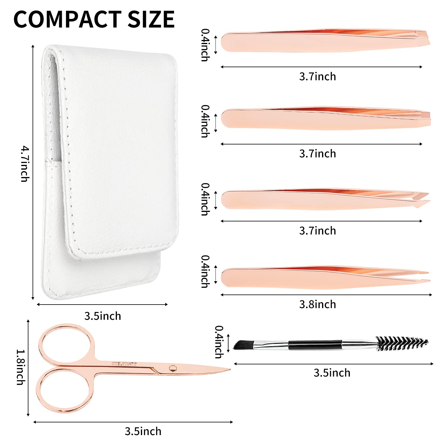 Precision Eyebrow Tweezers Set Pack of 6 for Women Ingrown Facial Hair Removal Pointed Rose Gold Tweezers Scissors Brush Kit for Splinter with Leather Case Gift