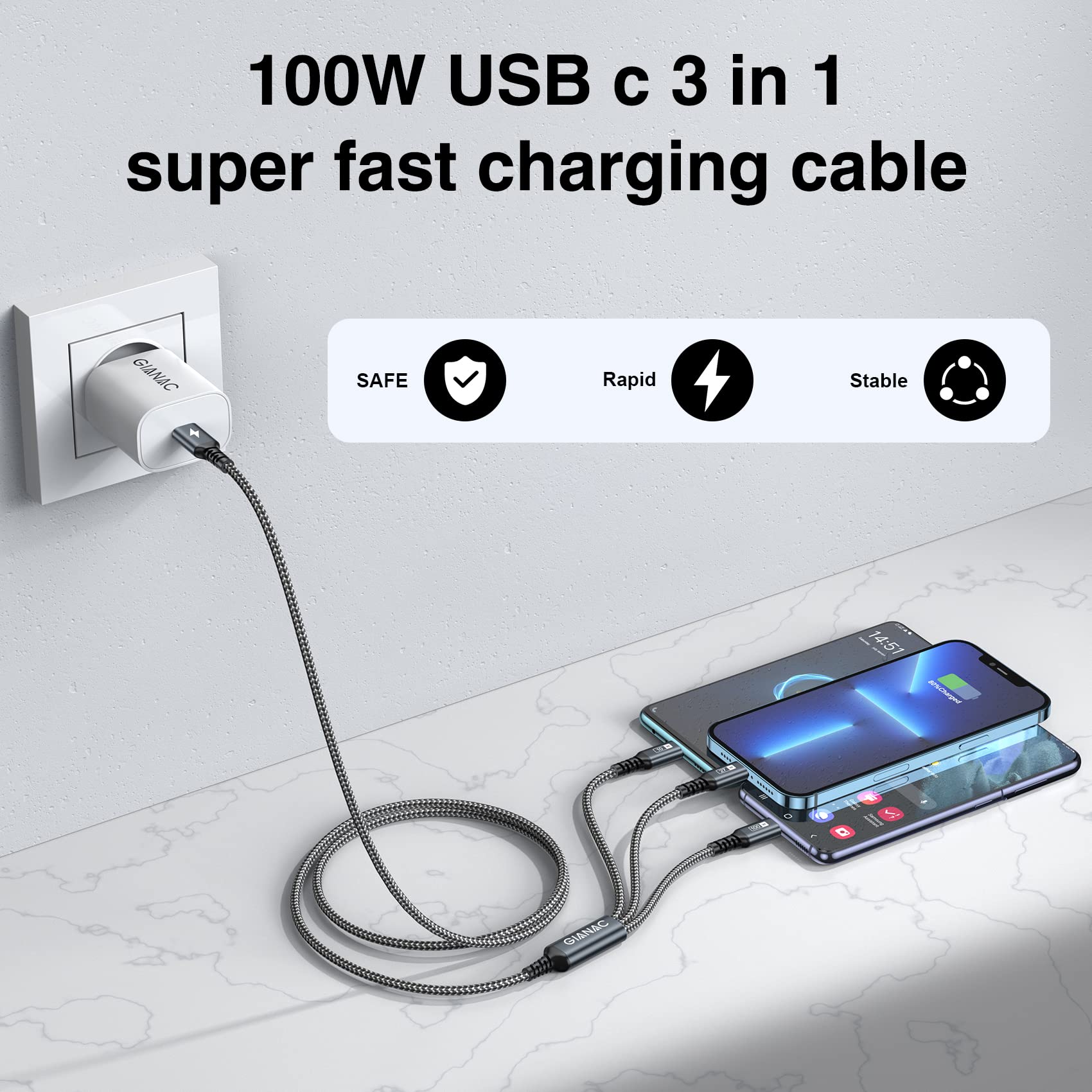 100W USB C to Multi Charging Cable [1.2M] 3 in 1 Charging Cable with E-Mark Chip, Multi Charger Cable USB C [100W]+Lightning[27W]+Micro[10W] for Samsung S23,iPad Pro, iPad Mini, MacBook Pro/Air/iPhone