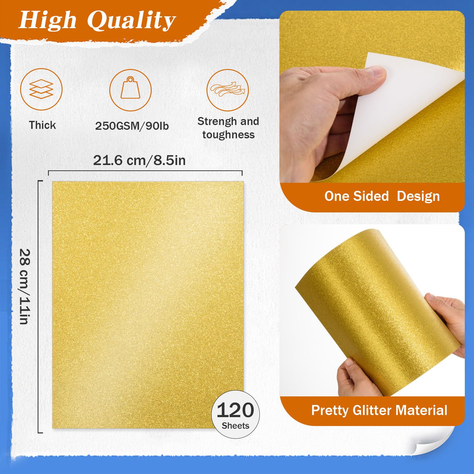 120 Sheets Gold Glitter Cardstock- One-sided- Non-Adhesive-8.5 x 11 Inches, Premium Glittery Sheets for DIY Crafts, Art Projects, Party Decor, Gift Box Wrapping - Gold Sparkling Paper | 250GSM