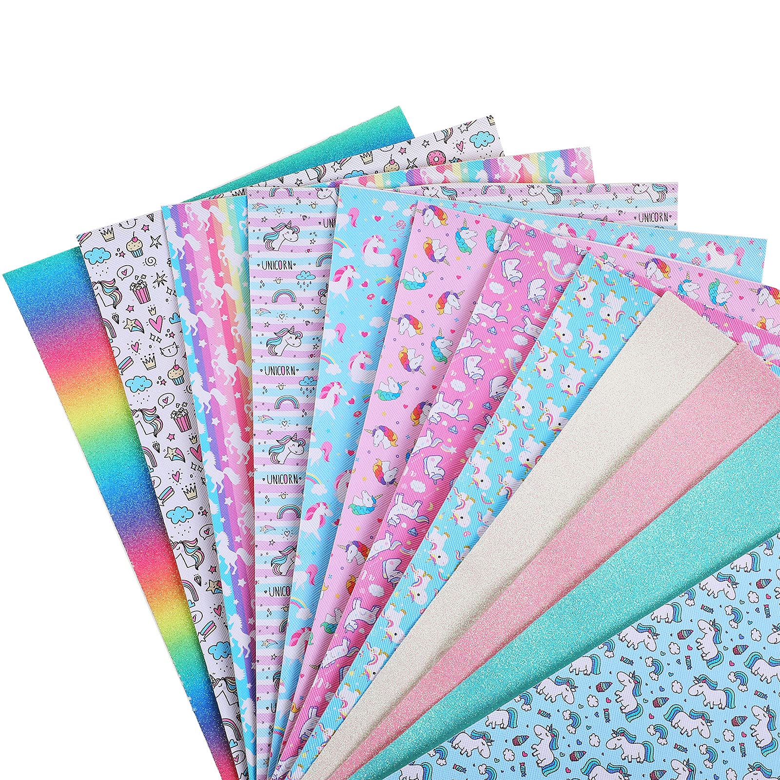 12 Pieces 7.87 x 11.81 Inches Unicorn Printed Faux Leather Sheet Mixed Rainbow Glitter Leather Fabric Sheets Assorted for Girl Kids Earrings Making Hair Bows Decoration DIY Craft Making