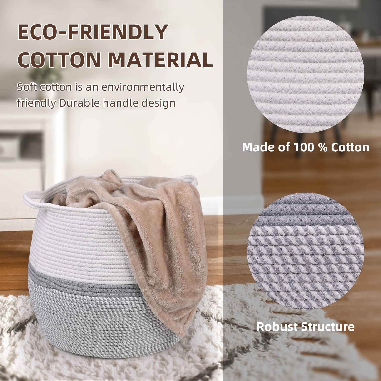 Woven Basket Rope Storage Basket, Home Decor Blanket Basket Laundry Hamper, Nursery BinToys Storage Basket with Handle, Baskets for Toys Pillows Towels