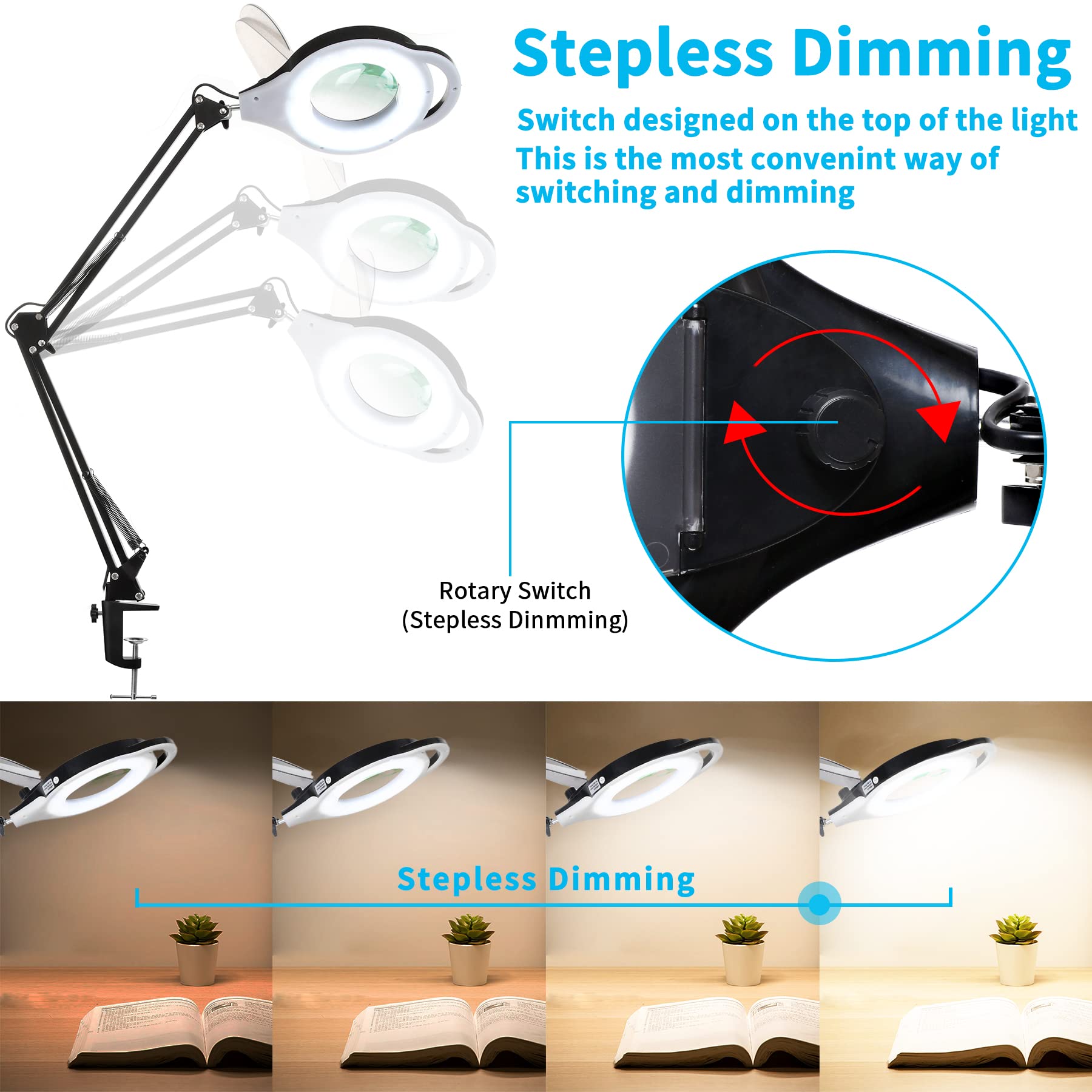 10X Magnifying Lamp with Clamp, KIRKAS 2200 LM Super Bright and Stepless Dimming Magnifying Glass with Light, Real Glass Lens Lighted Magnifier Light for Close Work, Crafts, Reading, Repair - Black