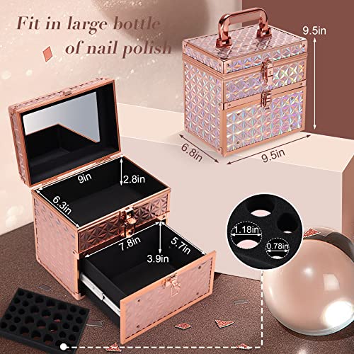 Costravio Nail Supplies Organizer Box Nail Polish Storage Case for Nail Tech or Home Use With Drawer and Slots Travel Makeup Train Case Portable Lockable - Rose Gold