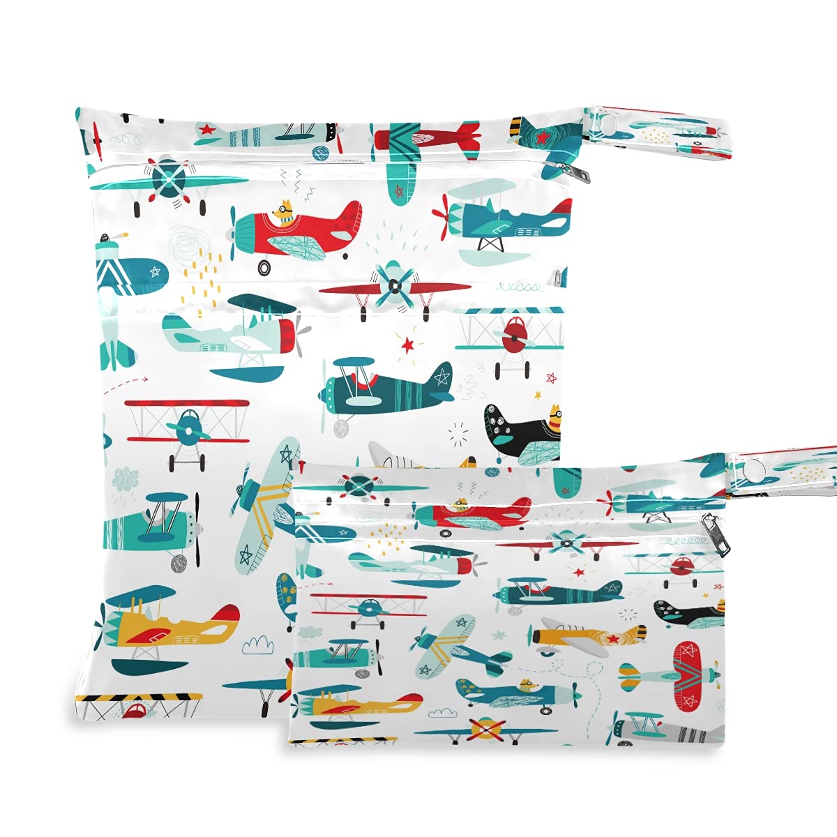 AUUXVA Wet Dry Bags Set Cartoon Airplane Helicopter,Cloth Diaper Wet Bag Waterproof Reusable with Two Zippered Pockets for Travel Beach Pool Swimsuits Wet Clothes,2pcs