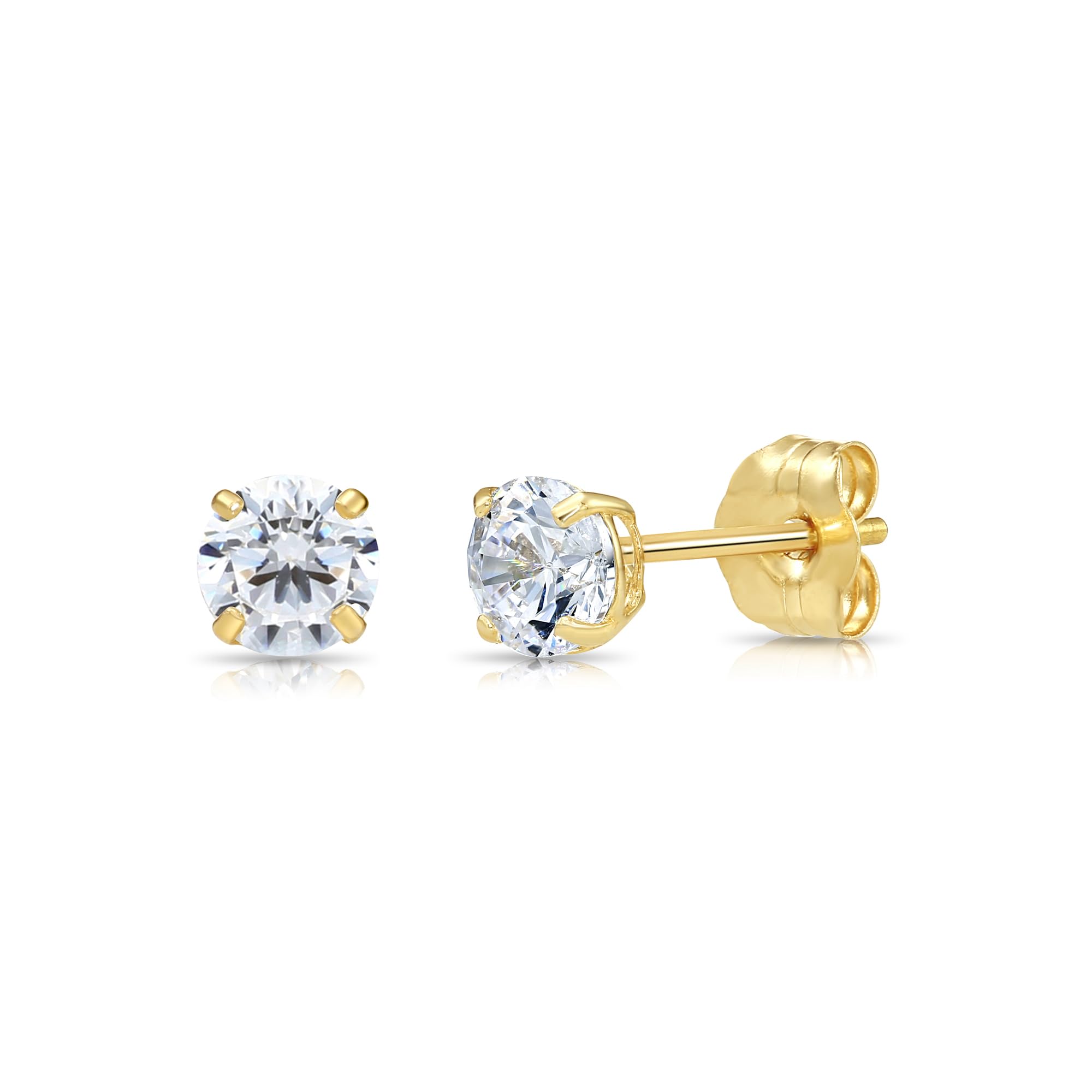 10k Solid Gold Solitaire Round Cubic Zirconia Stud Earrings in Secure Push-backs, Unisex Design (4mm, Yellow Gold)âŚâŚ