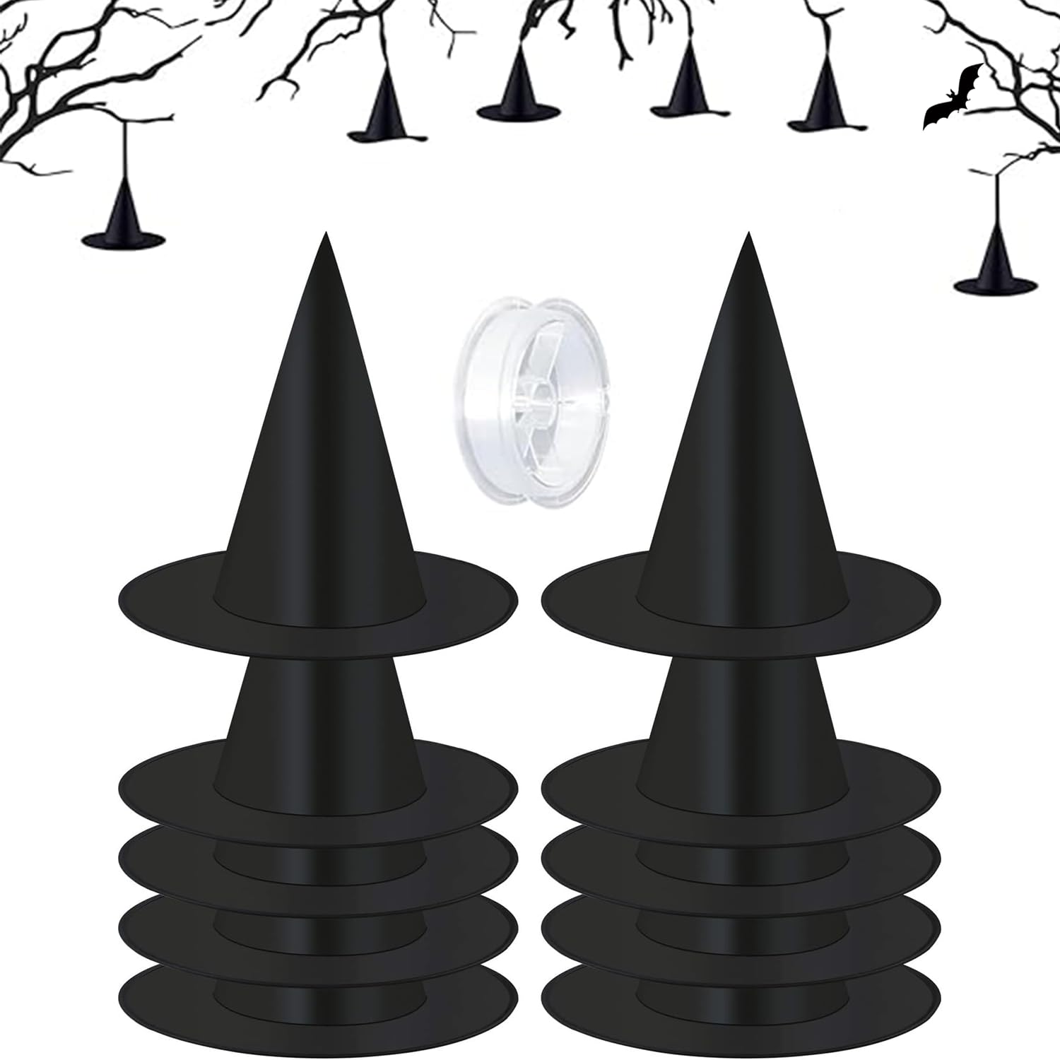 10pcs Halloween Witch Hat Costume Accessories Decorations with Hanging Rope, Hanging Wizard Hat for Halloween Party, Floating Front Porch Yard Indoor Outdoor Hat Decoration Party Supplies (Black)