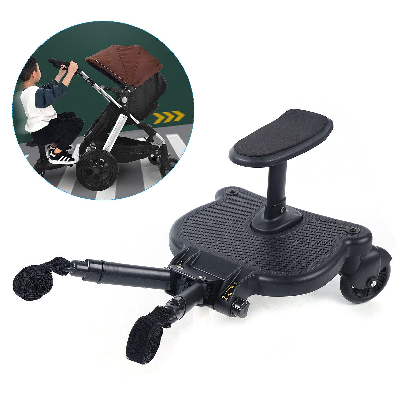 DENESTUS Baby Stroller Glider Board,Universal Stroller Ride Board with Detachable Seat and Auxiliary Pedal Holds Kids Up to 55 LBS,All Wheels Suspension