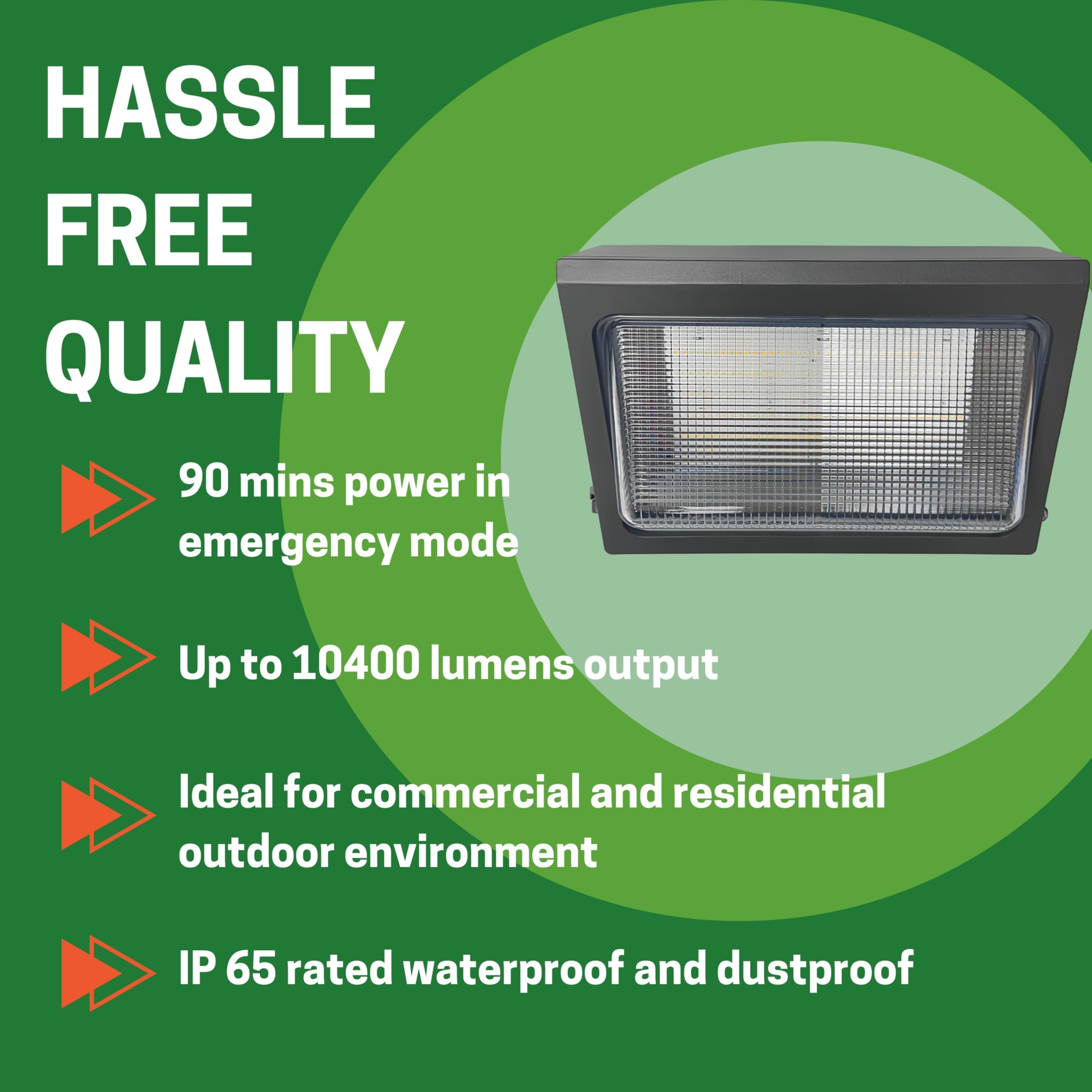 E2 Lighting Non Cut Off LED Wall Pack 80 watts with Emergency Battery Backup and photocell / E2WP80W27V50K-E, RoHs Compliant UL and DLC Certified LED Wall Packs Commercial, 5 Year Warranty