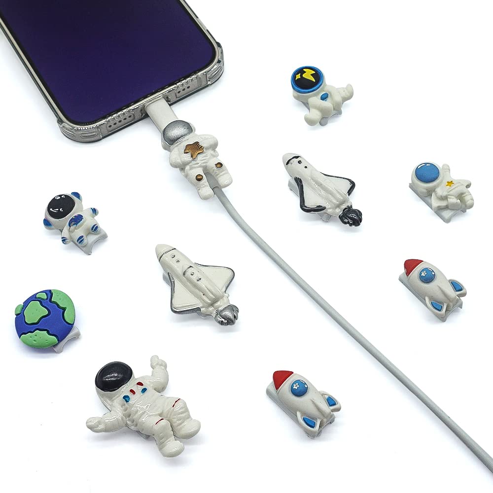 10Pcs Astronaut Charger Cable Protector, Plastic USB Charger Cable Saver, Aircraft Rocket Cable Protect Sets, Earth Cable Protector, Cable Bites Cute Cable Protector for iPhone iPad Charger Cable Only
