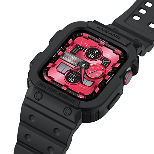 amBand Compatible for Apple Watch Band 45mm 44mm 42mm with Bumper Case, Rugged Men Bands for Apple Watch SE and iWatch Series 7 6 5 4 3 2 1, Sport Military Protective Cases Drop-Proof, Matte Black
