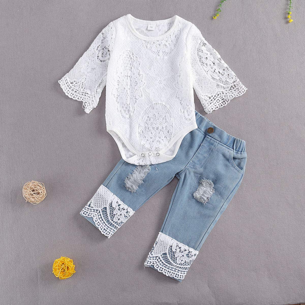 AvoDovA Baby Girls Pants Set Ruffles Sleeve Lace Romper + Denim Ripped Jeans Outfits (White,6-12 Months)