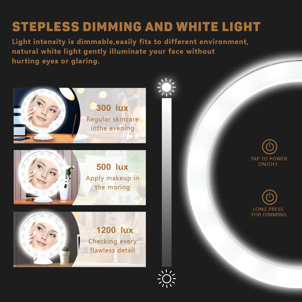 10X Magnifying Mirror with Lights,Lighted Magnifying Makeup Mirror with Lights Led Lighted Makeup Mirror with Touch Sensor,Dimmable,Powerful Suction Cup,360°Rotation for Travel Home