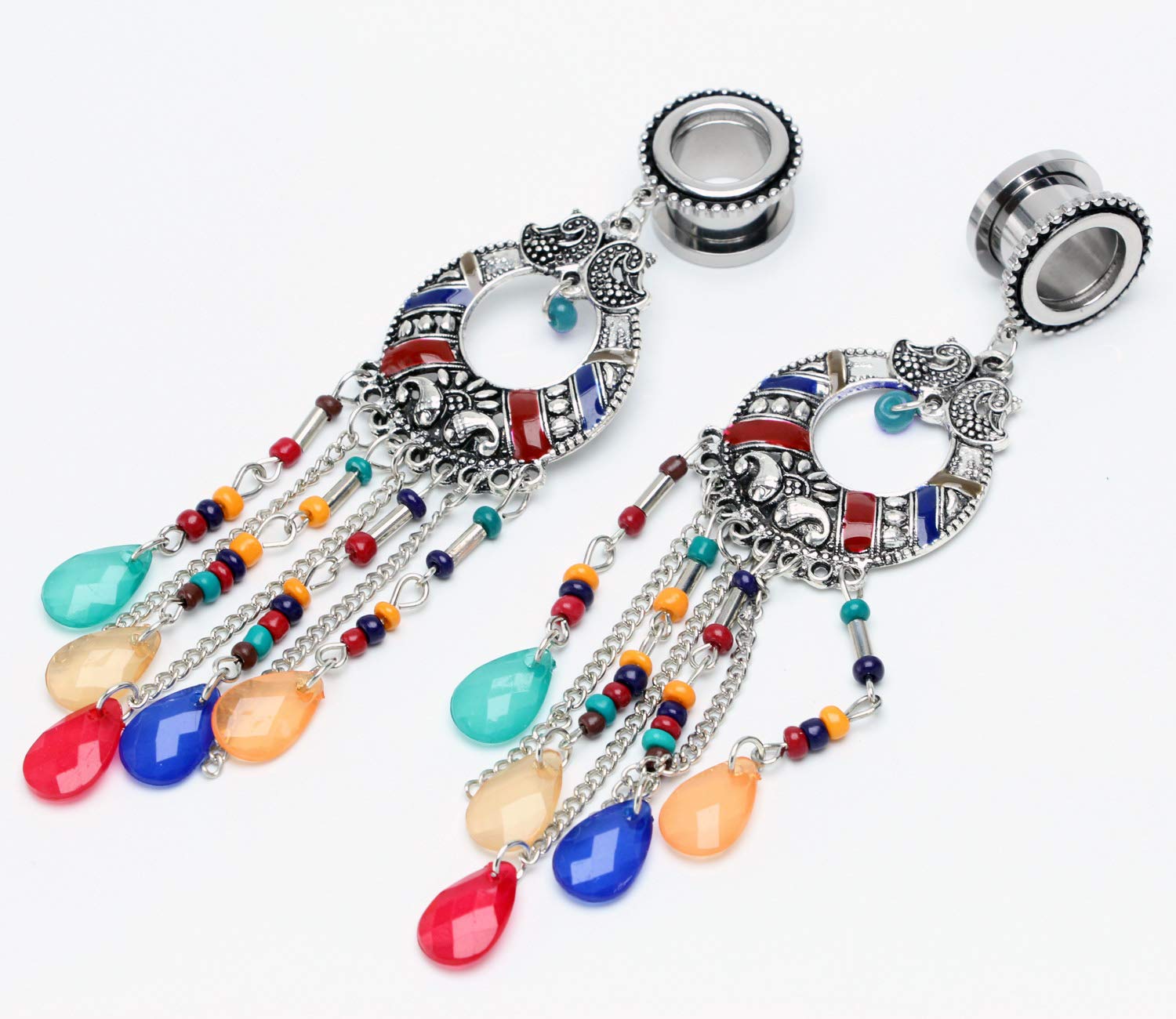 00G 10mm 316L Surgical Steel Multicolor Beads Tassel Dangle Ear Gauges Piercing Flesh Tunnels Plugs Statement Earrings
