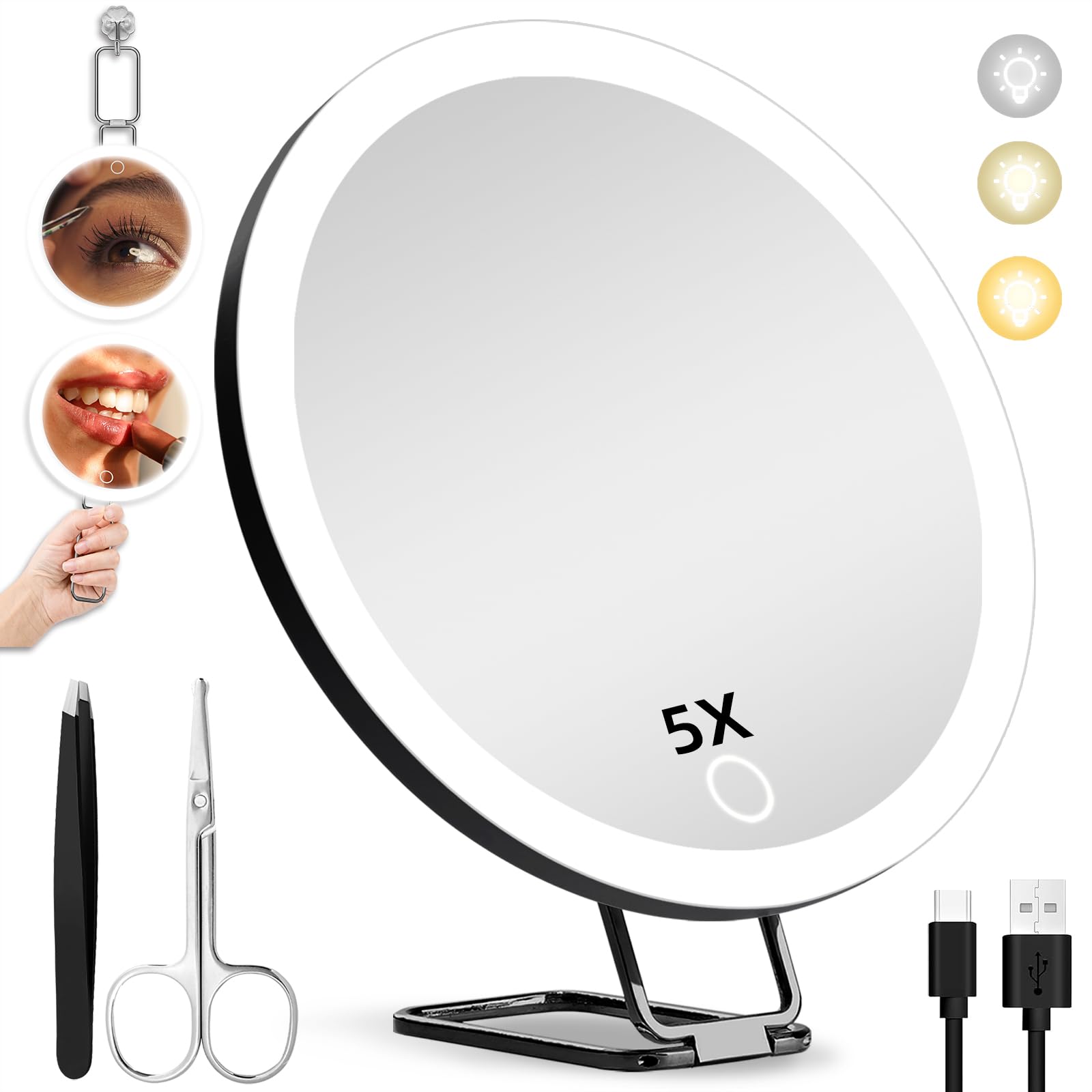 10X Magnifying Mirror, 6 Inch Makeup Mirror with Magnification, 10X Magnified Mirror with 3 Suction Cups and 360° Adjustable Stand for Handheld, Table, Wall-Mounted, Magnifying Mirror and Tweezers Set
