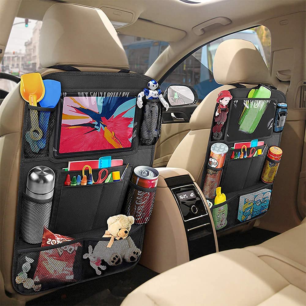 sunyou Car Backseat Organizer Car Organizer Kick Mats with 10inch Tablet Holder,10 Pockets, Car Organizer for Road Trip, Kid Snacks, Toys for Kids and Toddlers(2 PACK)
