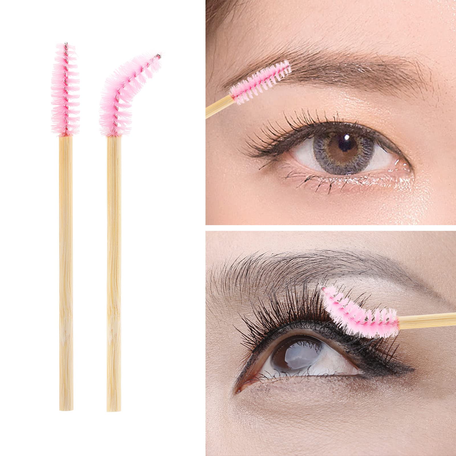 100 Pcs Disposable Mascara Wands, Bamboo Spoolies Brush for Eyelash Extensions, Spooly Eyelash Eyebrow Brushes Lash Wand Applicator Makeup Kits, Pink