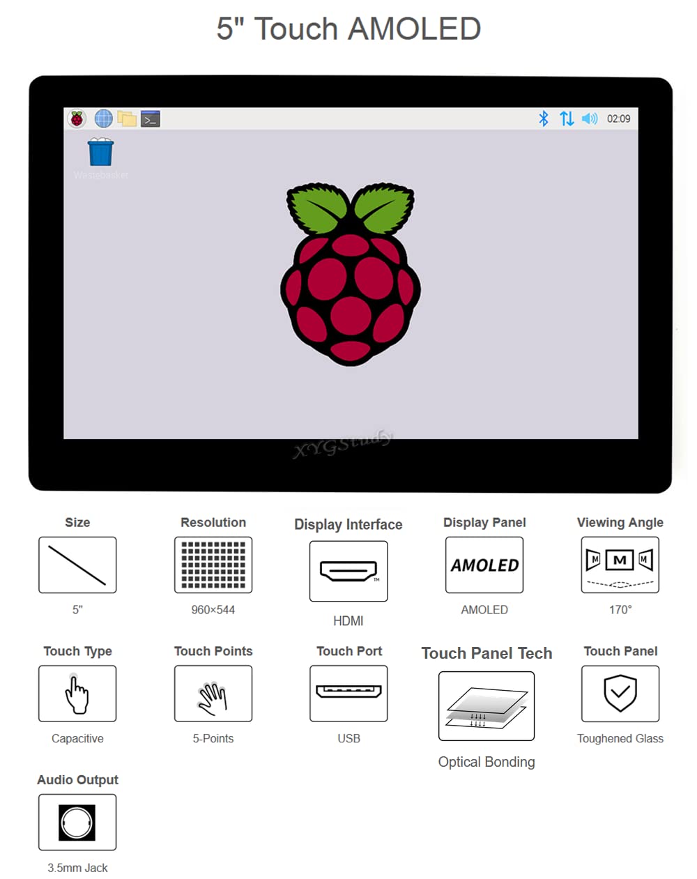 5inch HDMI Capacitive Touch AMOLED Display Monitor with Toughened Glass Cover Screen Resolution 960×544 Supports PC Raspberry Pi 4 3 Model B B+ Zero Jetson Nano @XYGStudy