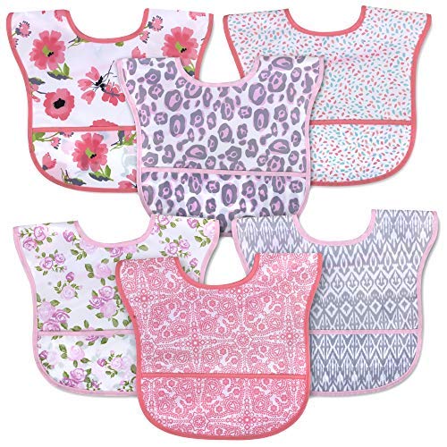 6 Pack Adjustable Waterproof Baby Bibs with Food Catcher Pocket - Pocket Bibs with Snaps for Babies, Toddlers, Infants