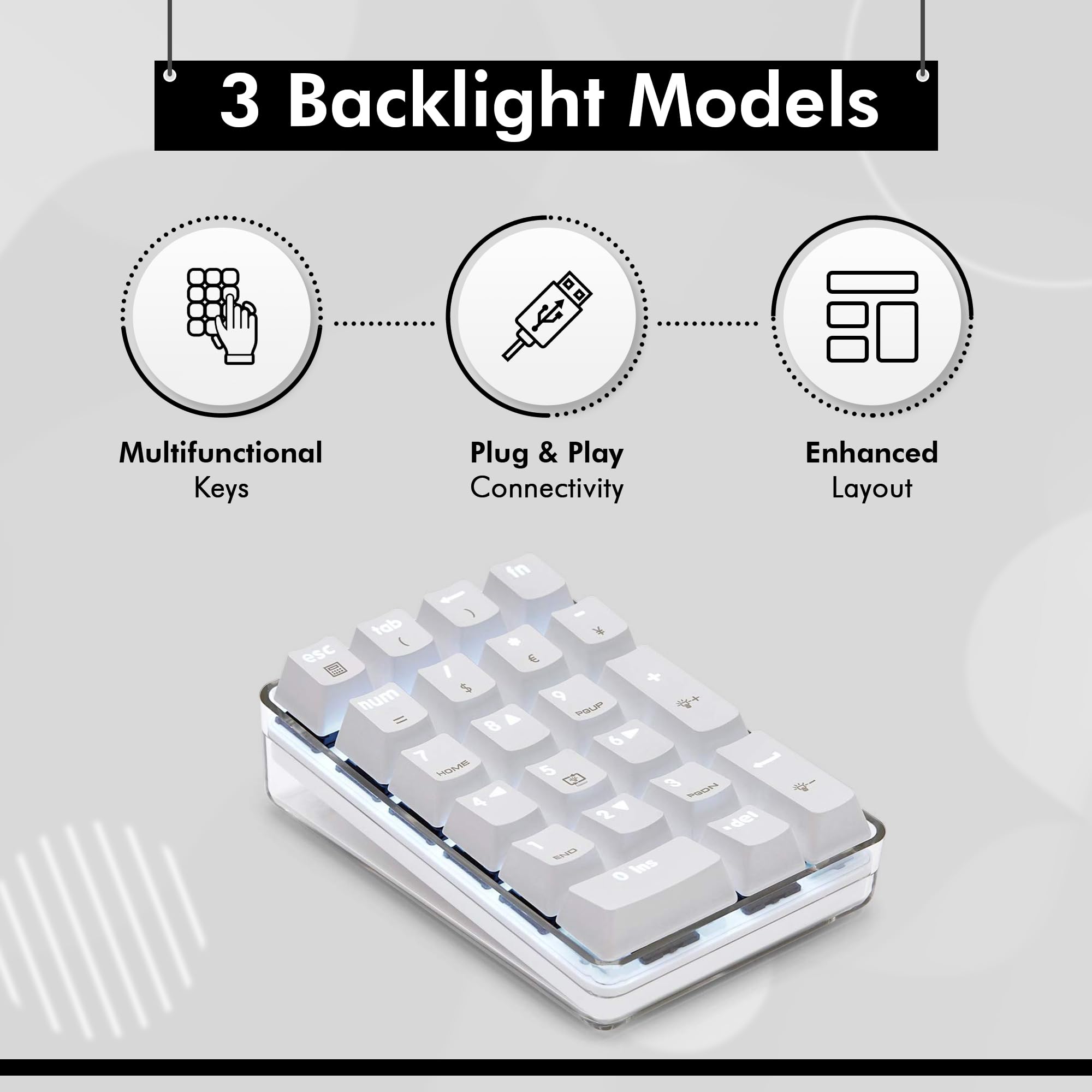Qisan Mechanical Numeric Keypad GATERON Brown Switch Wired Crystal Case White Backlit Gaming Keypad 21 Keys Mini Numpad Portable Mechanical Numpad Extended | Laptop Accessories | keypad for Computer