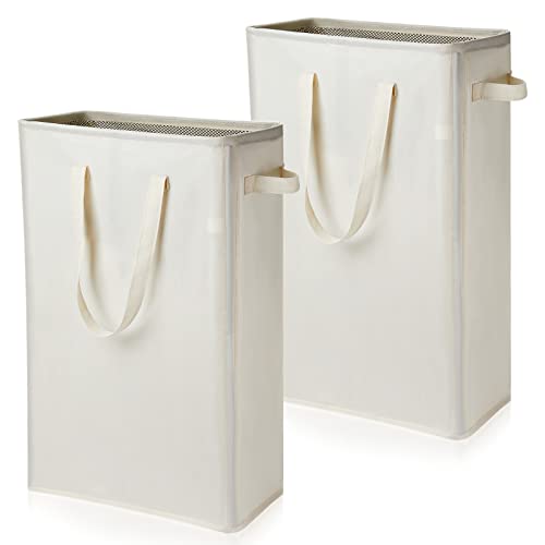 2 Pcs Slim Laundry Hamper with Handles Collapsible Laundry Basket Corner Hamper Narrow Laundry Hamper Thin Dirty Clothes Laundry Basket Bag, 45L (Beige)