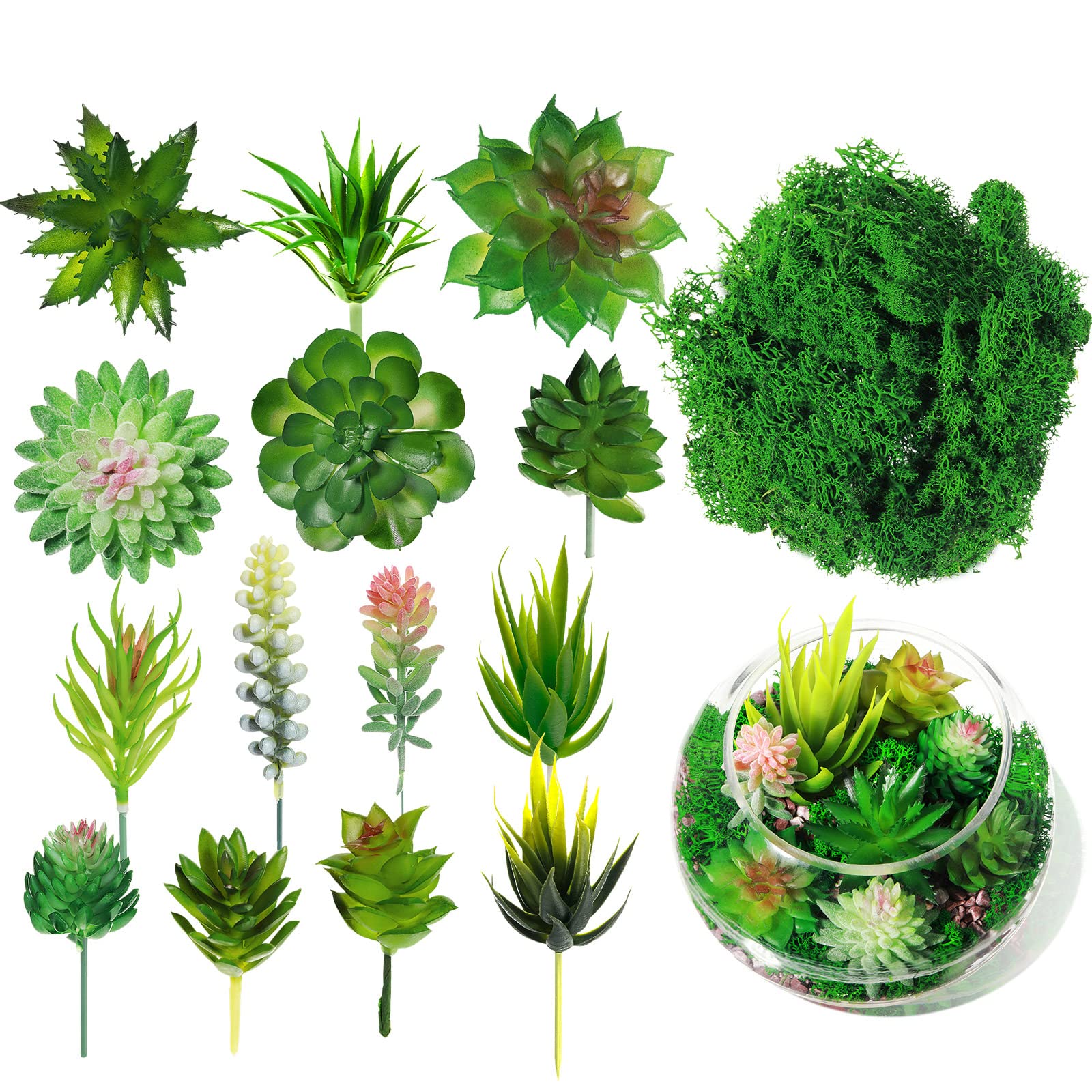 14 Pcs Mini Artificial Succulents Plants Picks,Flocked Faux Succulent Plants, Fake Succulents Plant with Succulent Moss,Realistic Textured Aloe for Home Office Table Garden Decoration