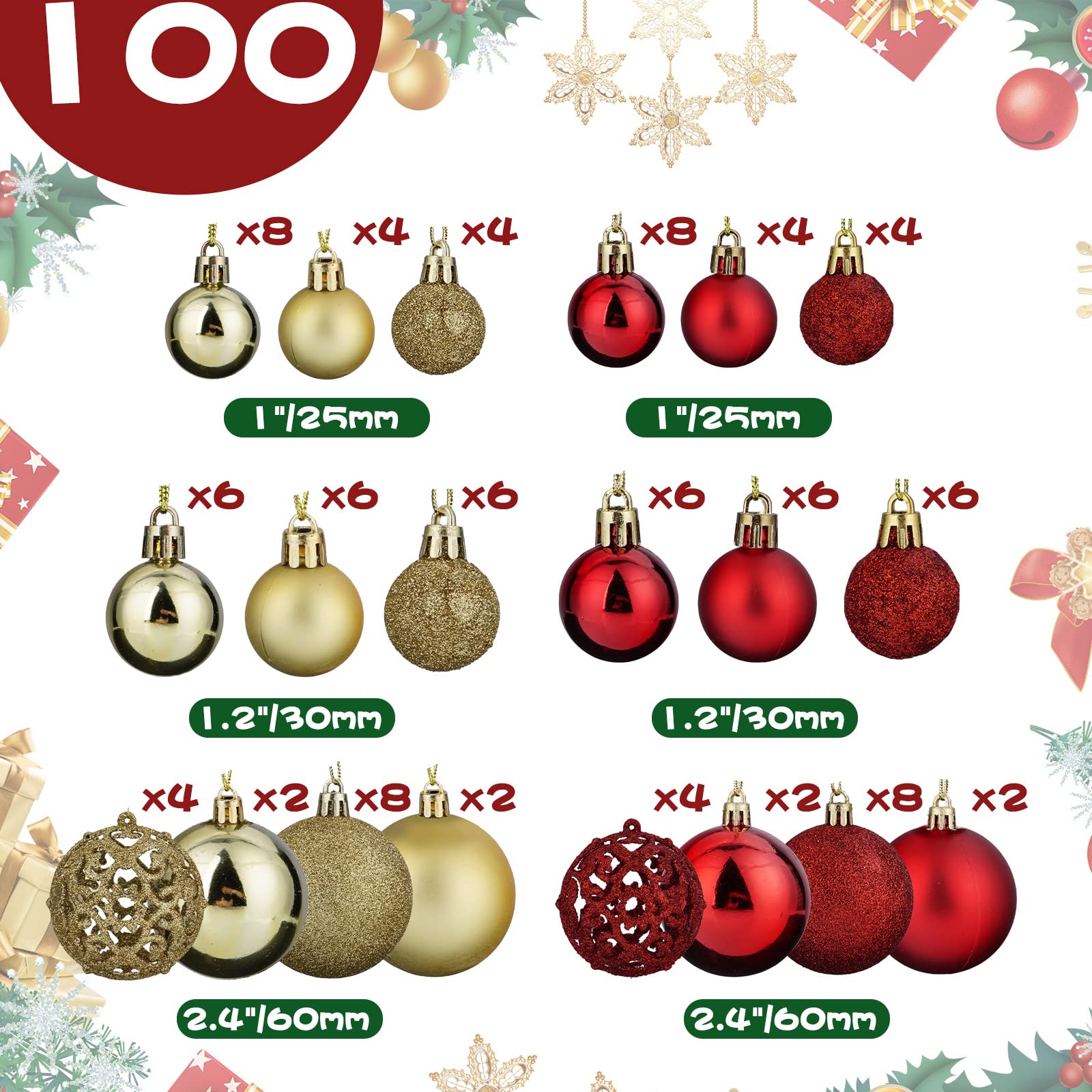 103 Pcs Christmas Balls Ornaments Set, Shatterproof Christmas Decorations Baubles for Xmas Tree Decor Party Holiday Wedding (Red&Gold)