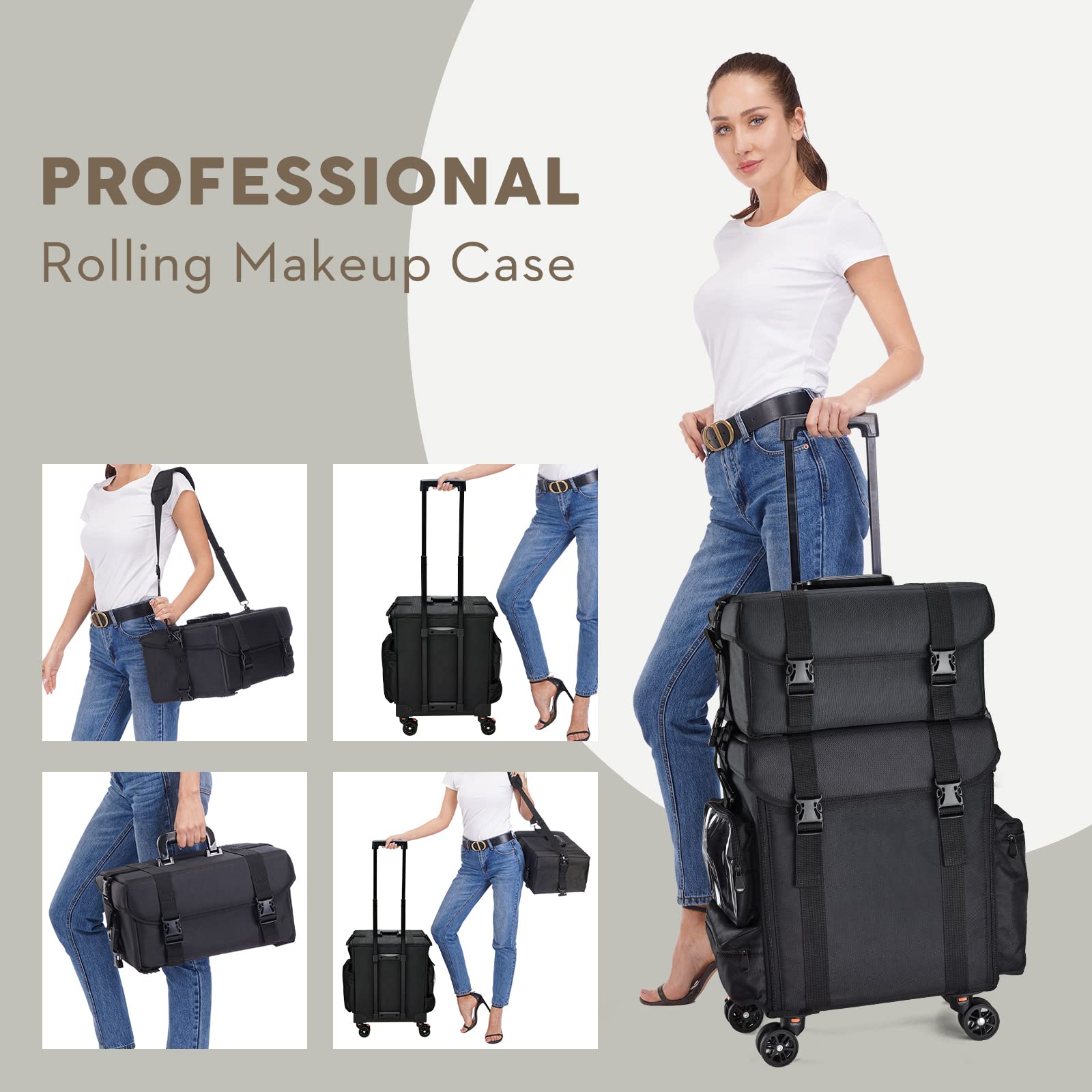 Costravio Professional Makeup Case, 2in1 Travel Makeup Rolling Case Soft Sided Cosmetology Train Case with Wheels Makeup Artist Cosmetic Organize for Make-up, Nail Art, Beauty, Hairstylist, Black