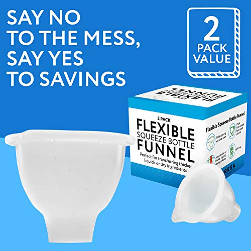 2 Pack Funnel for Squeeze Bottles - Wide Funnel Opening for Squeeze Bottles Like FIFO- for Ice, Dressing, Batter, Thick Sauces, Paint etc Flexible Silicone β No BPA 3.25β Top Diameter 1.25β