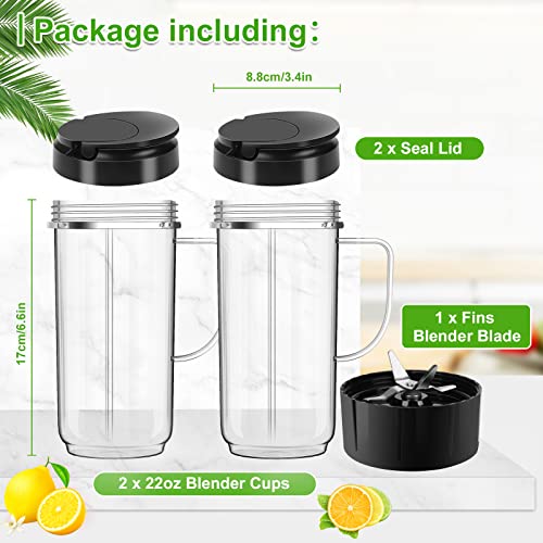 2 Pack Magic Bullet Blender Cups,Tall 22oz Cups Mugs Flip Top To-Go Lids & 4 Fins Cross Blade with Gasket Handle Replacement Part Compatible Magic Bullet Blender Juicer Mixer Accessories 250W MB1001
