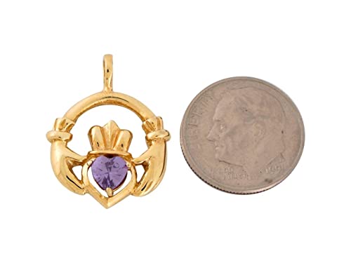 10k Yellow Gold Simulated Amethyst February Birthstone Claddagh Charm Pendant