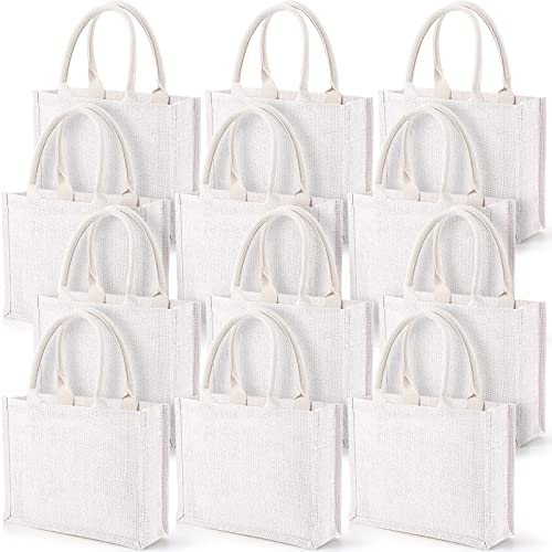 12 Pieces Burlap Tote Bags with Handles Reusable White Jute Tote Bag for Bridesmaid Gift Wedding Bachelorette Party Favors Shopping DIY Crafts Bags, 12.2 x 3.9 x 9.8 Inch