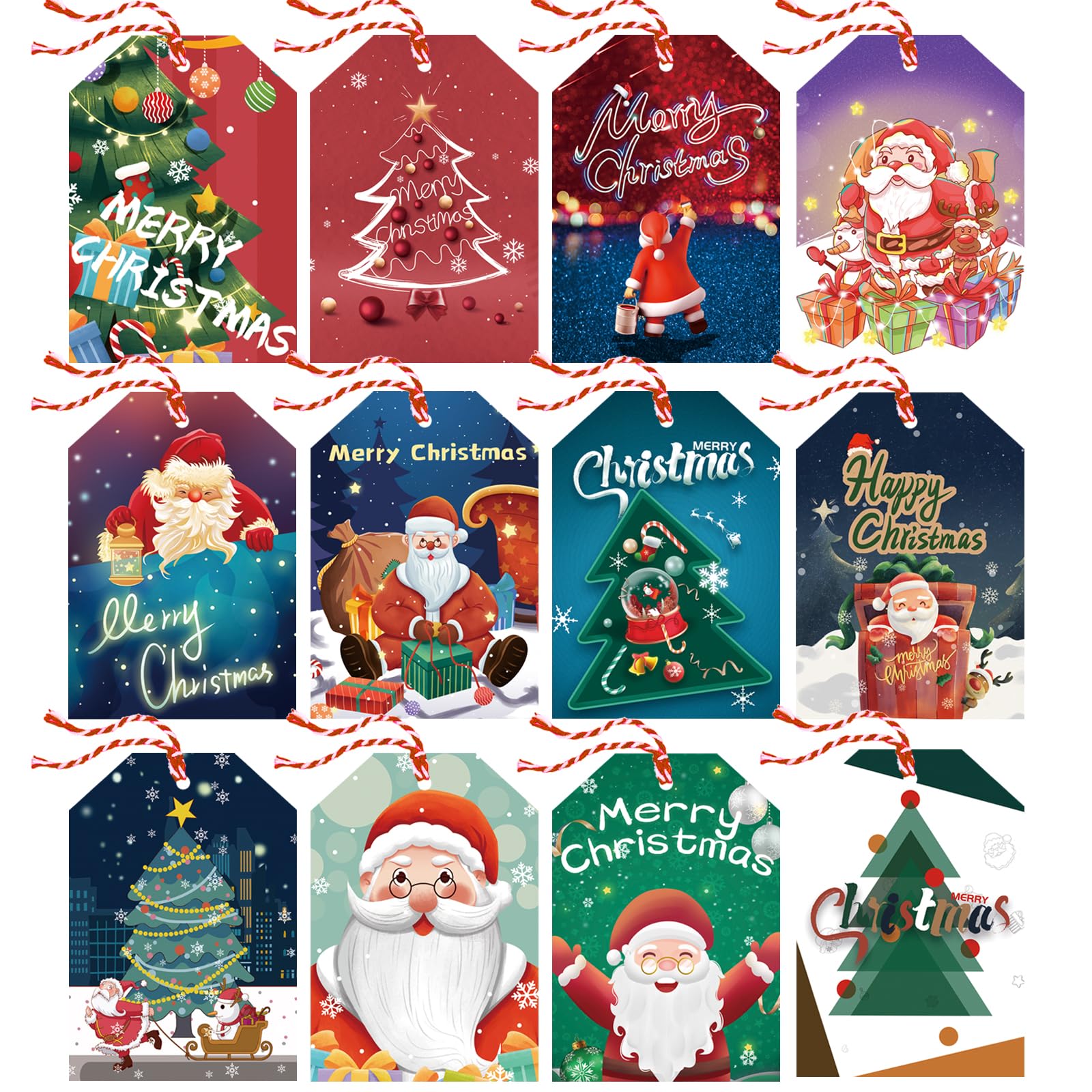 120 Pcs Christmas Gift Tags, Christmas Hanging Tag Label for Christmas DIY Decorations Present Wrapping, with 20m / 66ft Christmas Ribbons, Gift decoration, 12 Styles