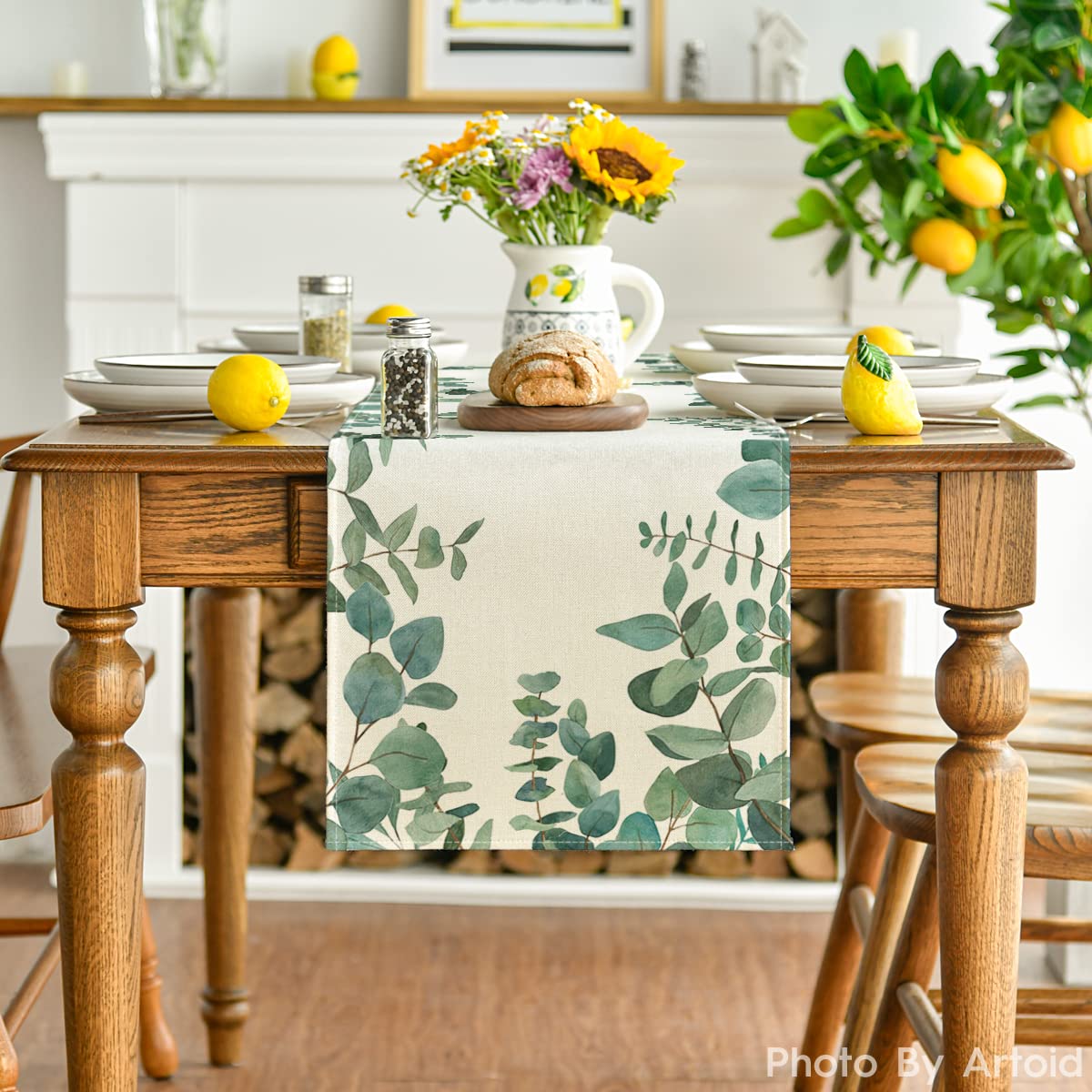 Artoid Mode Eucalyptus Leaves Table Runner, Seasonal Spring Summer Green Plants Holiday Kitchen Dining Table Decoration for Home Party Decor 13 x 72 Inch