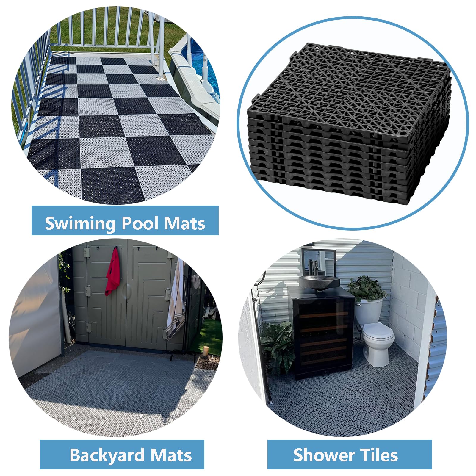 10Pack Modular Rubber Floor Tiles, 12” x 12” Non-Slip Rubber Drain Mats for Pool Hot Tub Flooring, Splicing Commercial Drainage Mat for Deck Swiming Pool Balcony Kitchen Shower Indoor