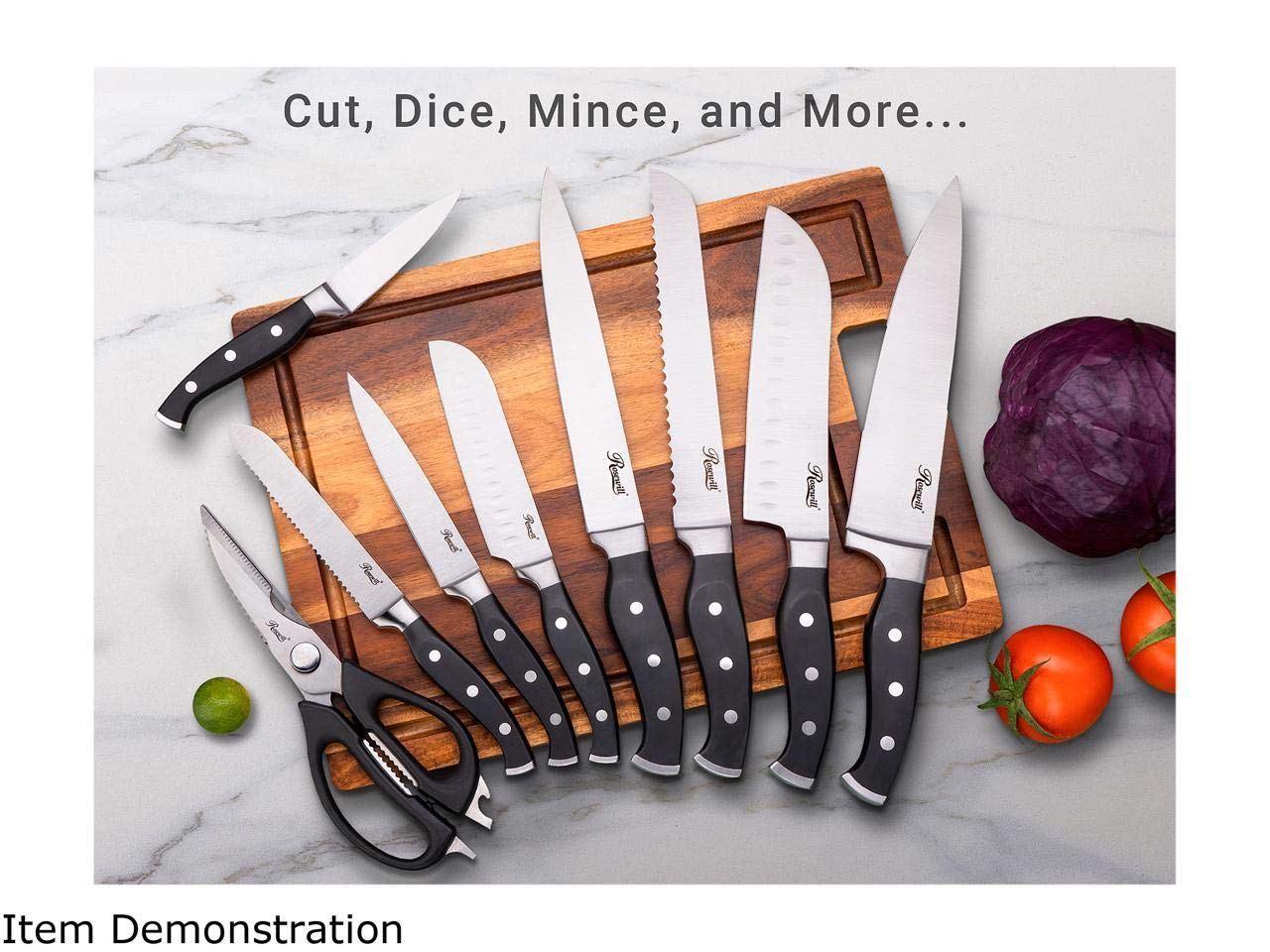 Rosewill 18 Piece Stainless Steel Cutlery Knife Set with Kitchen Shears| Triple Riveted Handles, Full Tang Design with Wood Block and Built-in Sharpener