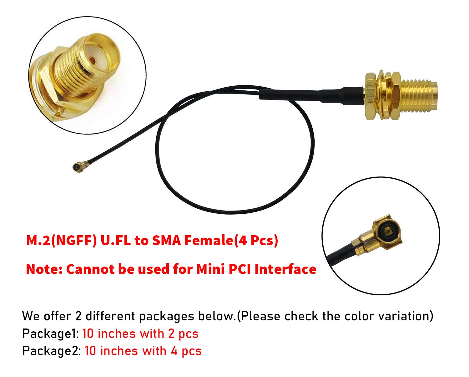 Tenmory U.FL to SMA M.2 NGFF UFL to SMA Female MHF4 IPX4 IPEX4 Ipex Connector Pigtail Antenna Extension Cable (10 inches (4 Pcs))