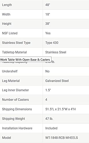 AmGood 18" X 48" Stainless Steel Work Table - with Open Base & Wheels | Food Prep | Utility Work Station | NSF Certified