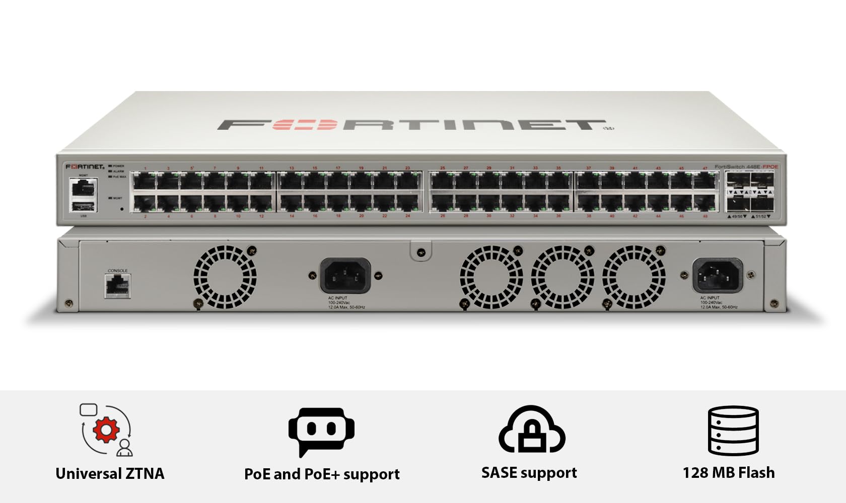 FORTINET INC. Fortinet FS 448E FPOE Ethernet Switch 48 Ports 3 Layer Supported Modular Twisted Pair, Optical Fiber Rack mountable